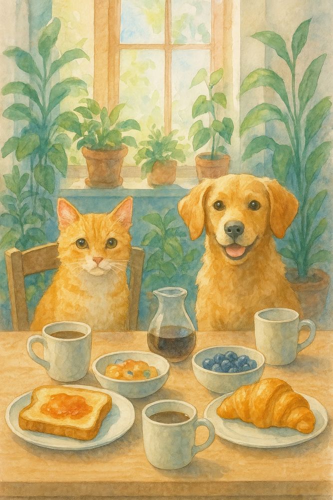Pets enjoying breakfast together | Free Photo Illustration - rawpixel