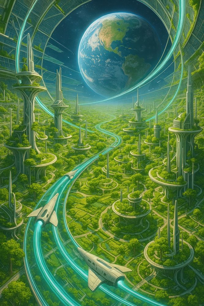 Futuristic eco-city with spacecraft | Free Photo Illustration - rawpixel