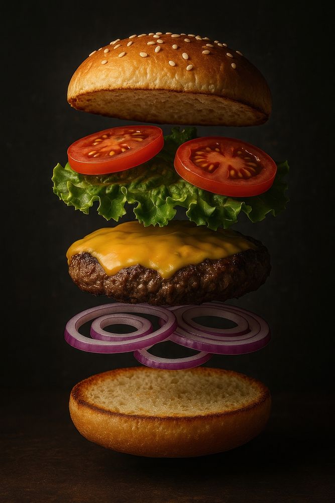 Deconstructed gourmet cheeseburger layers. | Free Photo - rawpixel