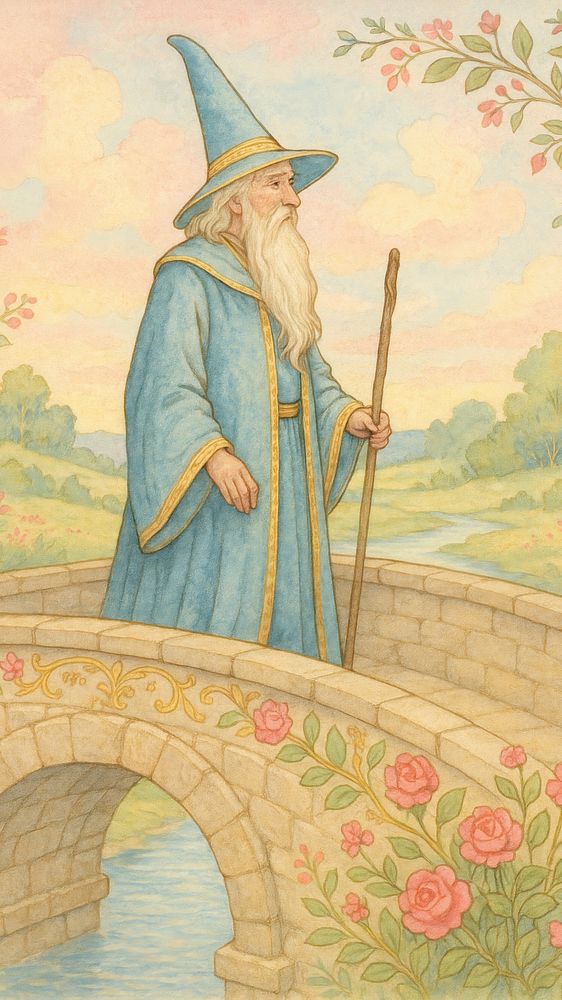 Wizard crossing stone bridge | Free Photo Illustration - rawpixel