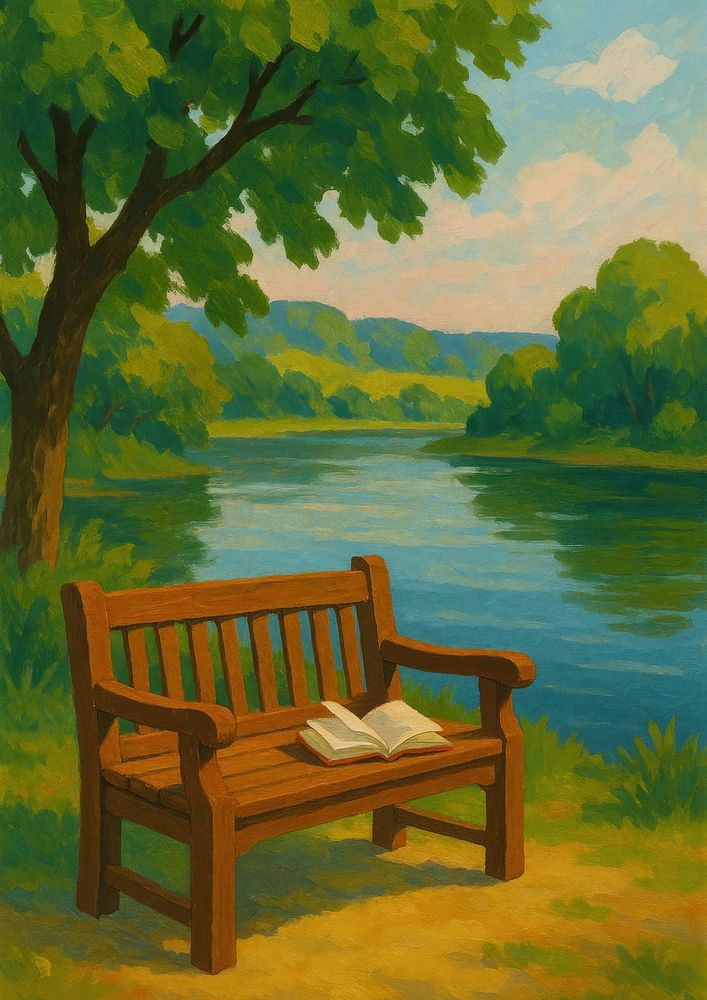 Serene riverside bench scene | Free Photo Illustration - rawpixel