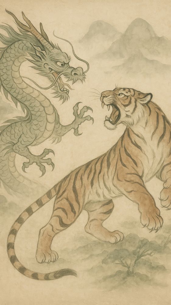 Dragon tiger ancient battle art | Free Photo Illustration - rawpixel