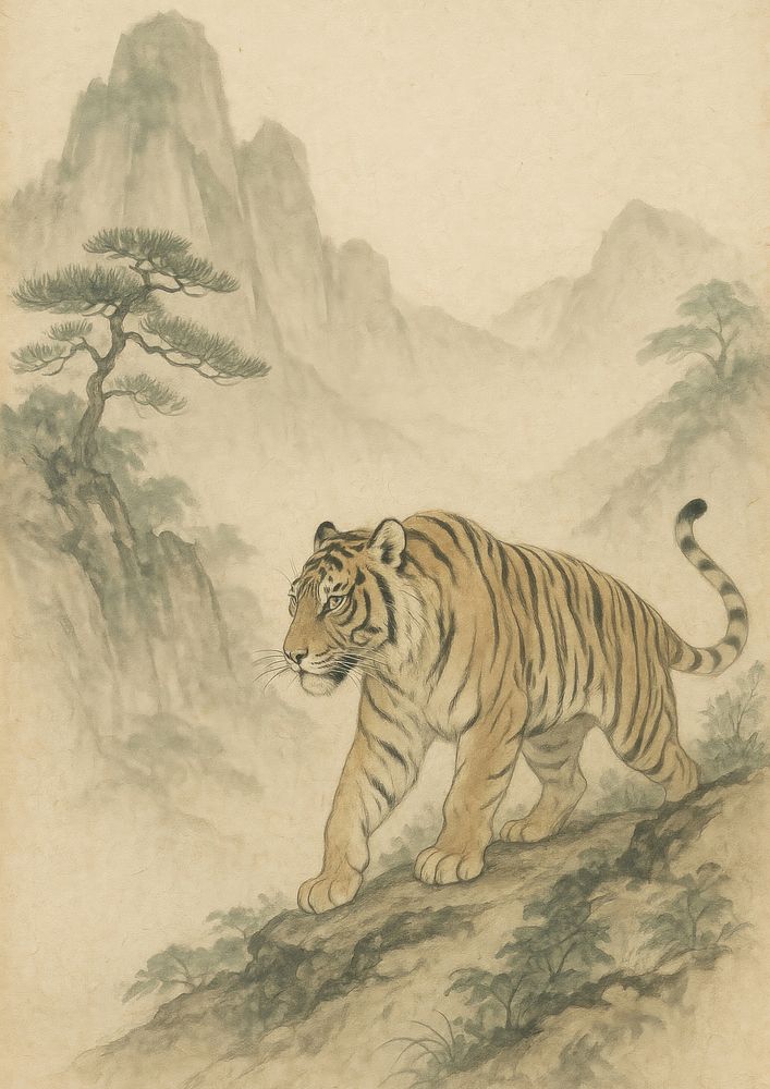 Majestic tiger in serene landscape | Free Photo Illustration - rawpixel