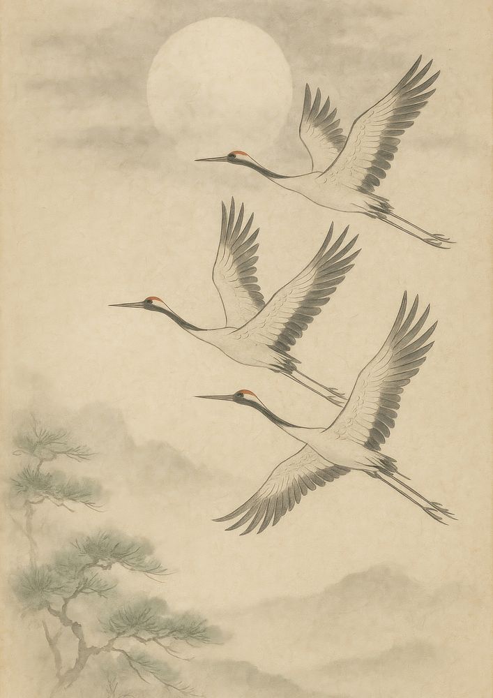 Cranes flying under moonlight | Free Photo Illustration - rawpixel