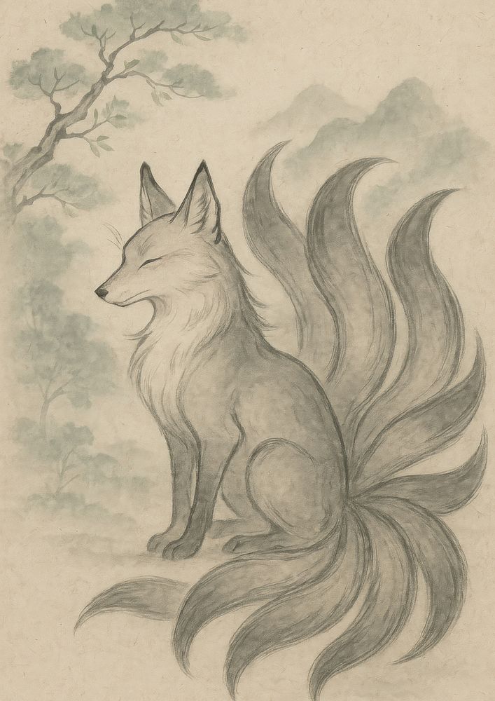 Mystical fox with nine tails | Free Photo Illustration - rawpixel