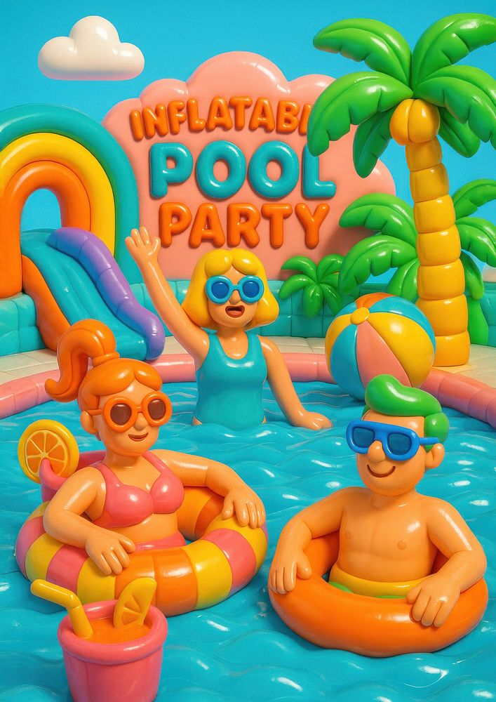 Vibrant inflatable pool party scene. | Free Photo Illustration - rawpixel