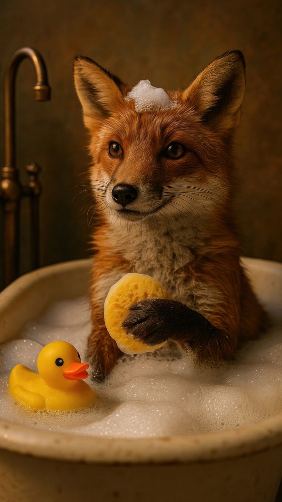 Fox bathing with rubber duck | Free Photo - rawpixel