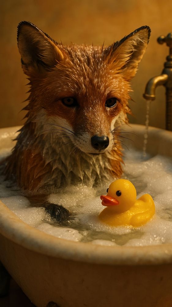 Fox bathes with rubber duck. | Free Photo - rawpixel