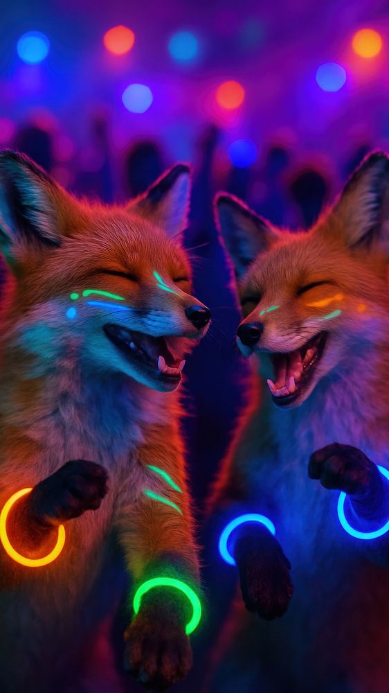 Neon foxes dancing joyfully together | Free Photo - rawpixel