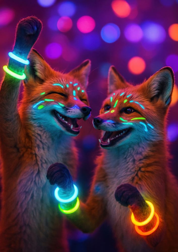 Neon foxes dancing joyfully together | Free Photo - rawpixel