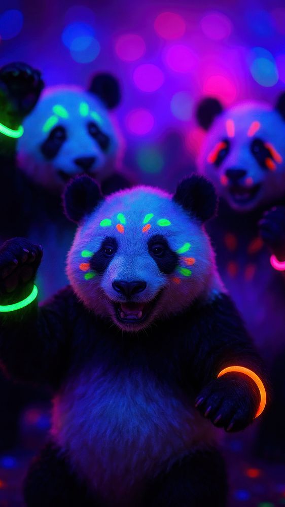 Neon pandas dancing joyfully | Free Photo - rawpixel