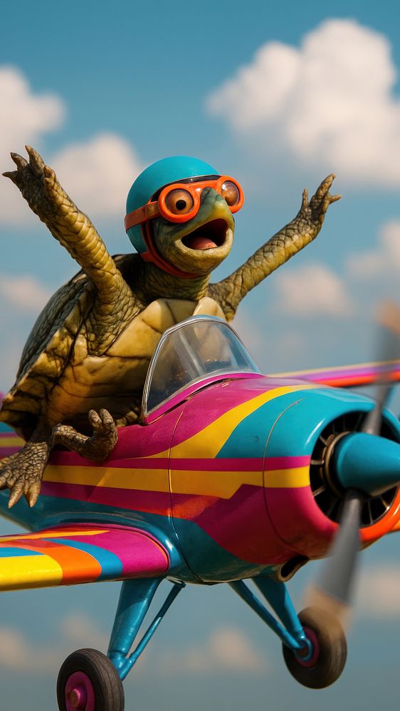 Turtle flying colorful airplane joyfully | Free Photo - rawpixel