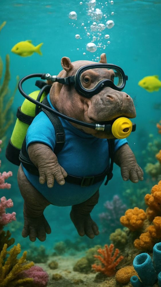 Whimsical hippo scuba diving adventure | Free Photo - rawpixel