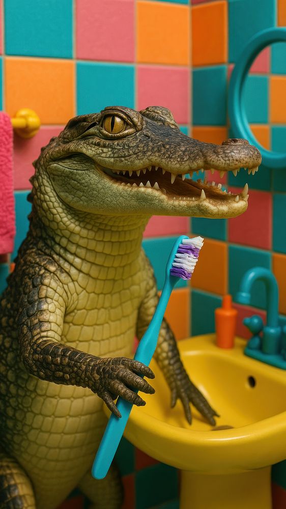Crocodile brushing teeth bathroom | Free Photo - rawpixel