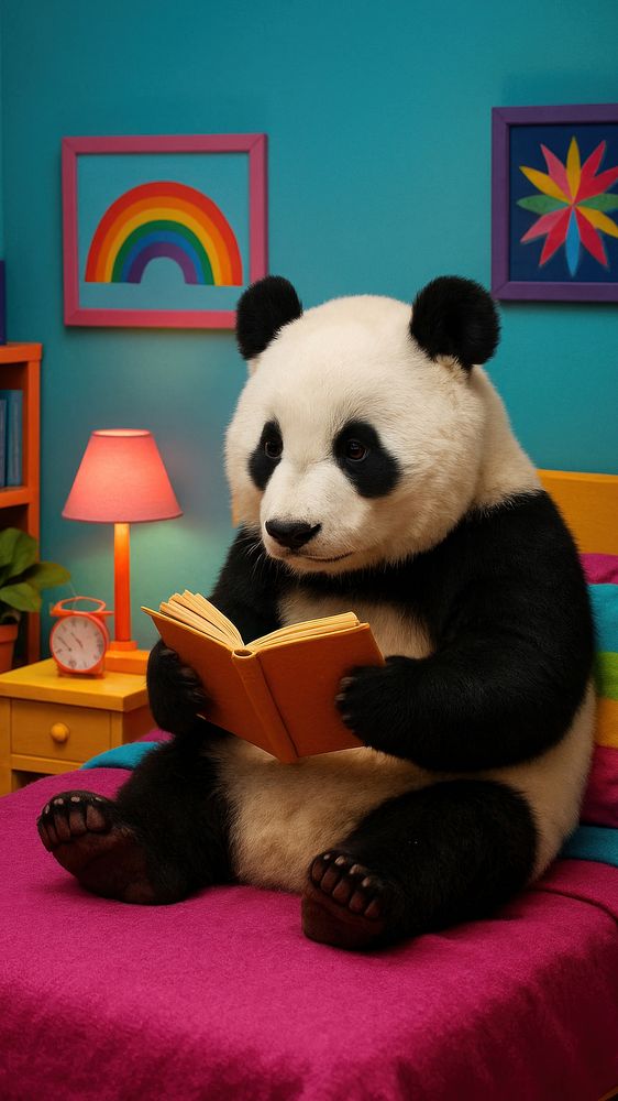 Panda reading colorful room | Free Photo - rawpixel