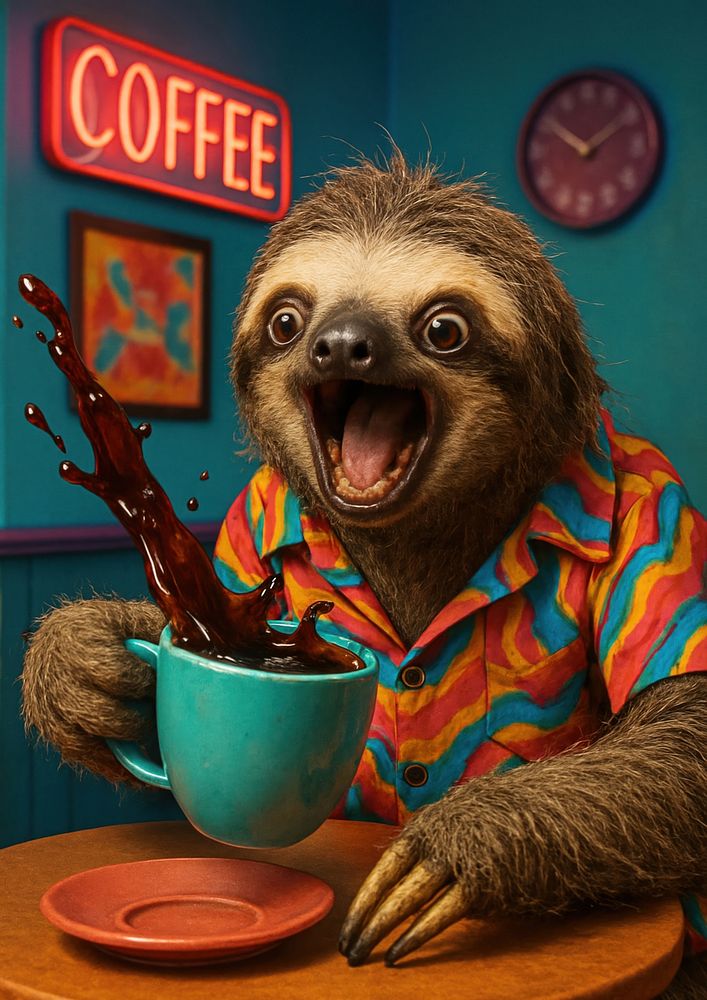 Excited sloth spills coffee | Free Photo - rawpixel