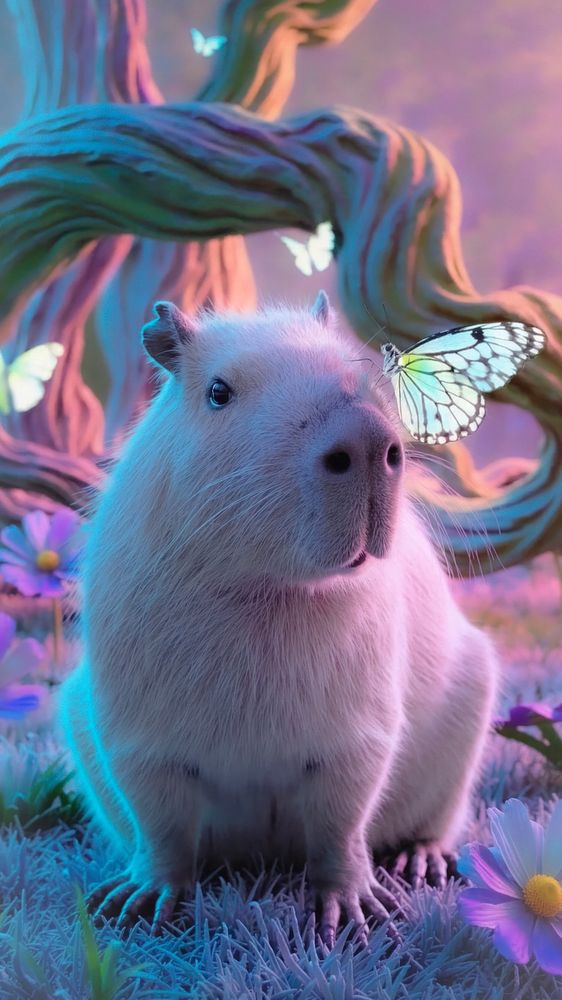 Capybara enchanted by glowing butterflies. | Free Photo Illustration ...