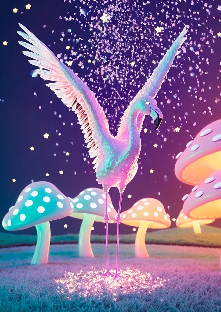 Magical flamingo amidst glowing mushrooms | Free Photo Illustration ...