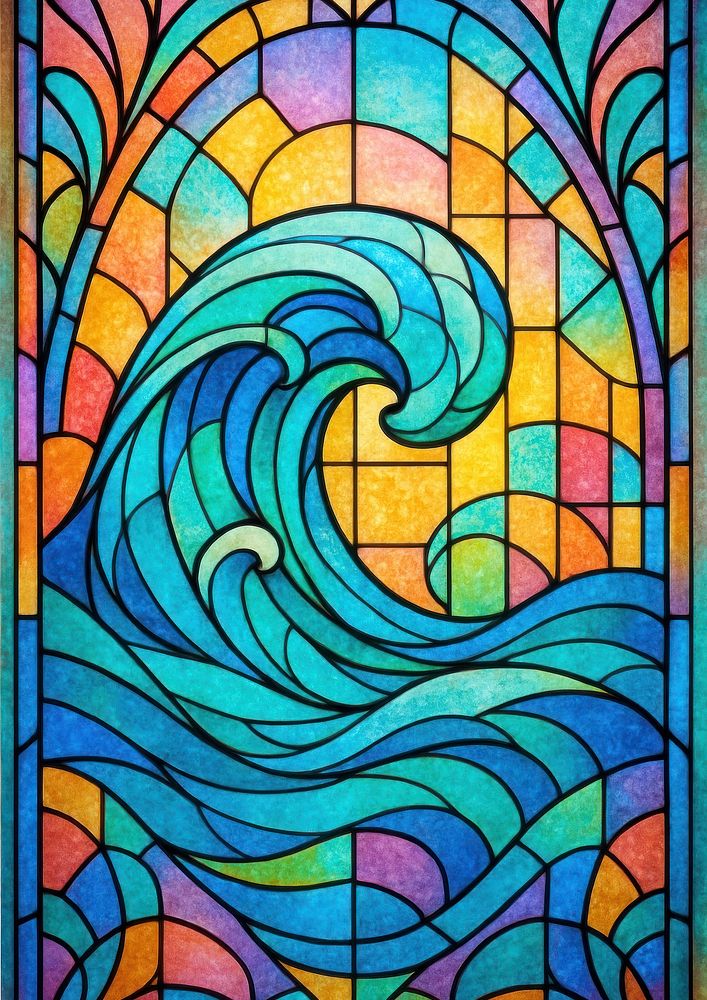 Vibrant stained glass ocean wave | Free Photo Illustration - rawpixel