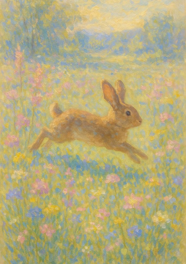 Pastoral scene with leaping rabbit | Free Photo Illustration - rawpixel