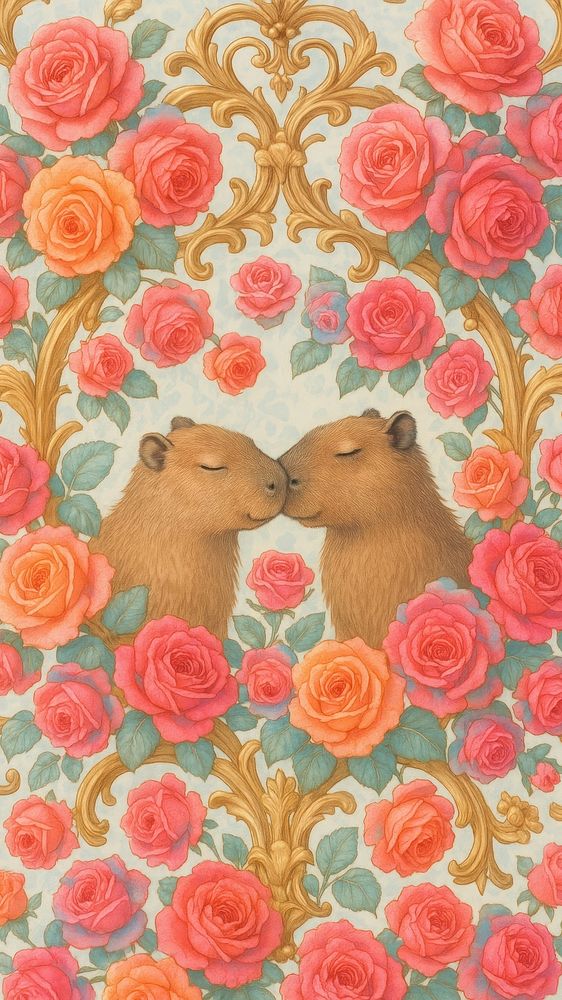 Capybaras kissing amidst roses | Free Photo Illustration - rawpixel