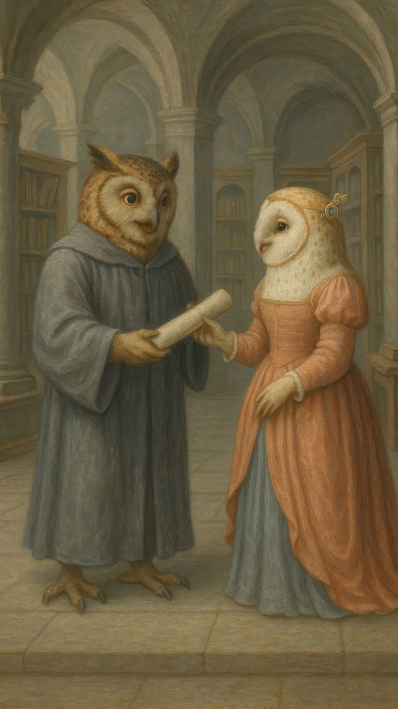 Owls medieval attire exchange scroll | Free Photo Illustration - rawpixel