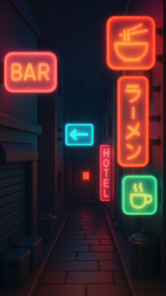 Neon-lit alleyway with signs | Free Photo Illustration - rawpixel