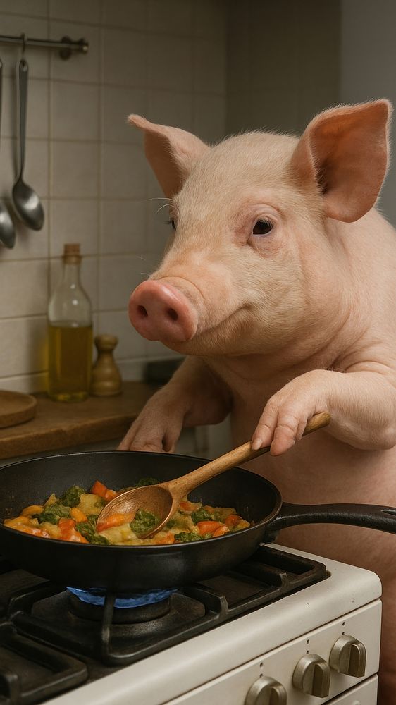 Pig cooking vegetable stew humorously | Free Photo - rawpixel