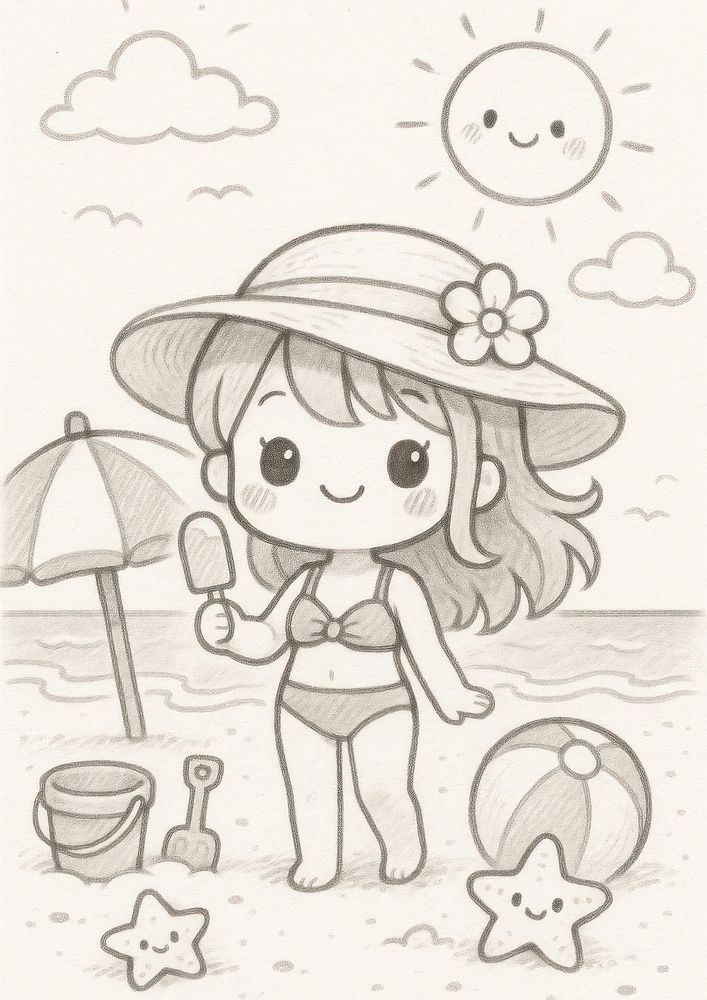Cute beach day sketch wallpaper | Free Photo Illustration - rawpixel