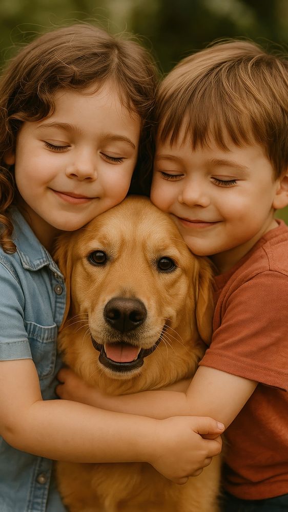 Children hugging golden retriever dog | Free Photo - rawpixel