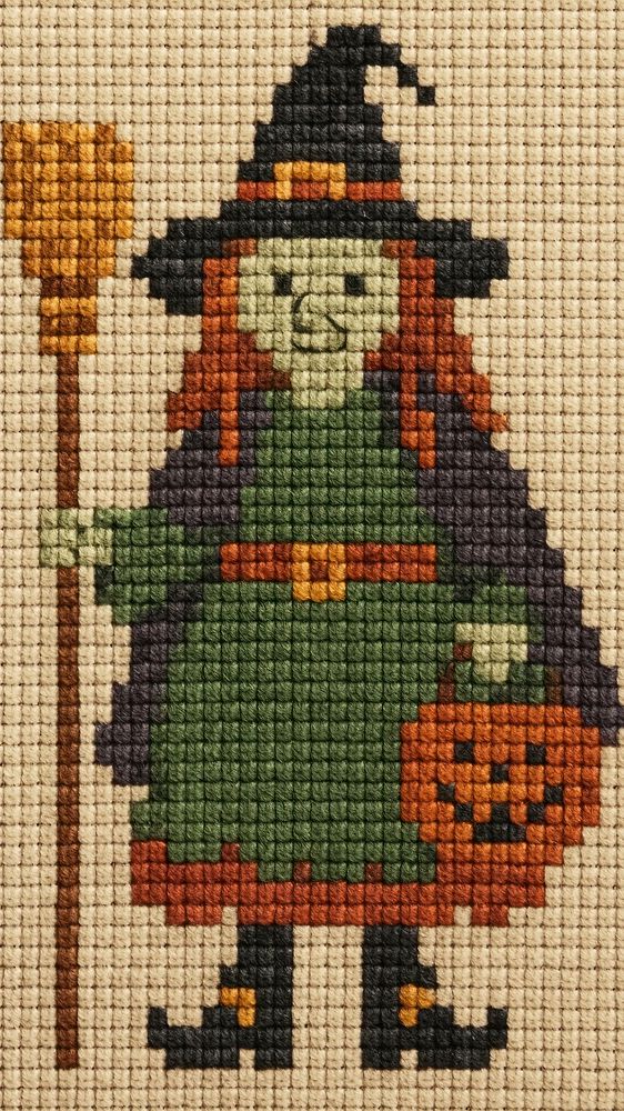 Pixelated witch cross-stitch art | Free Photo Illustration - rawpixel