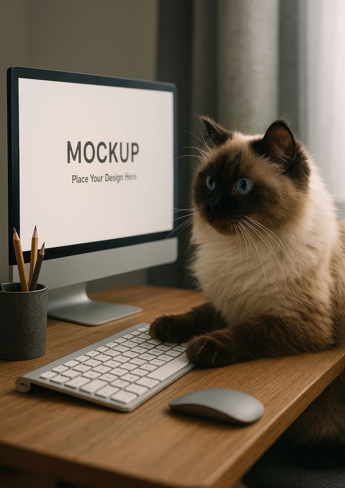 Cat at computer mockup | Free Photo - rawpixel