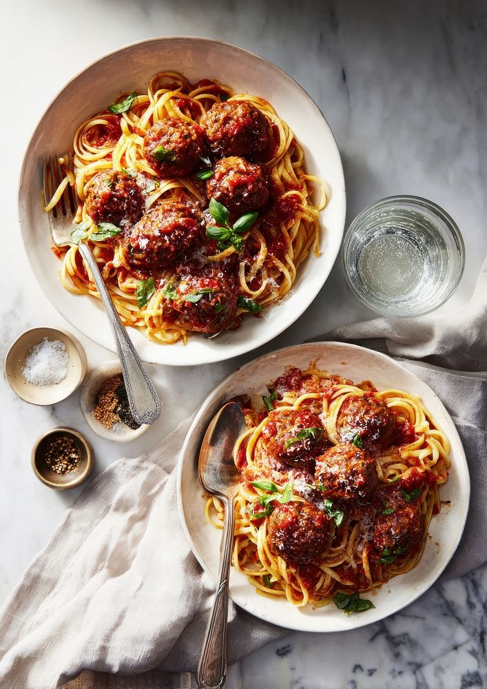 Spaghetti meatballs spoon plate food | Free Photo - rawpixel