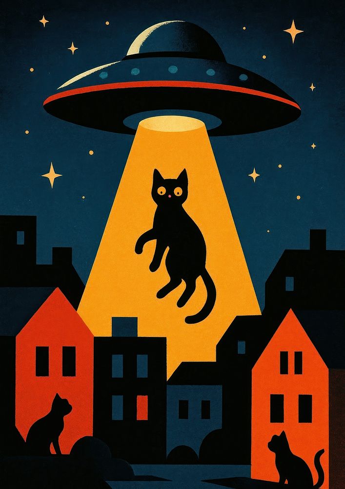 Retro cat UFO nightscape wallpaper | Free Photo Illustration - rawpixel
