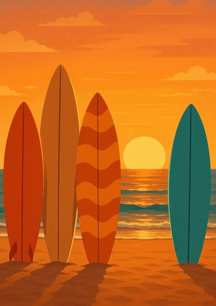 Surfboards sunset beach scene | Free Photo Illustration - rawpixel
