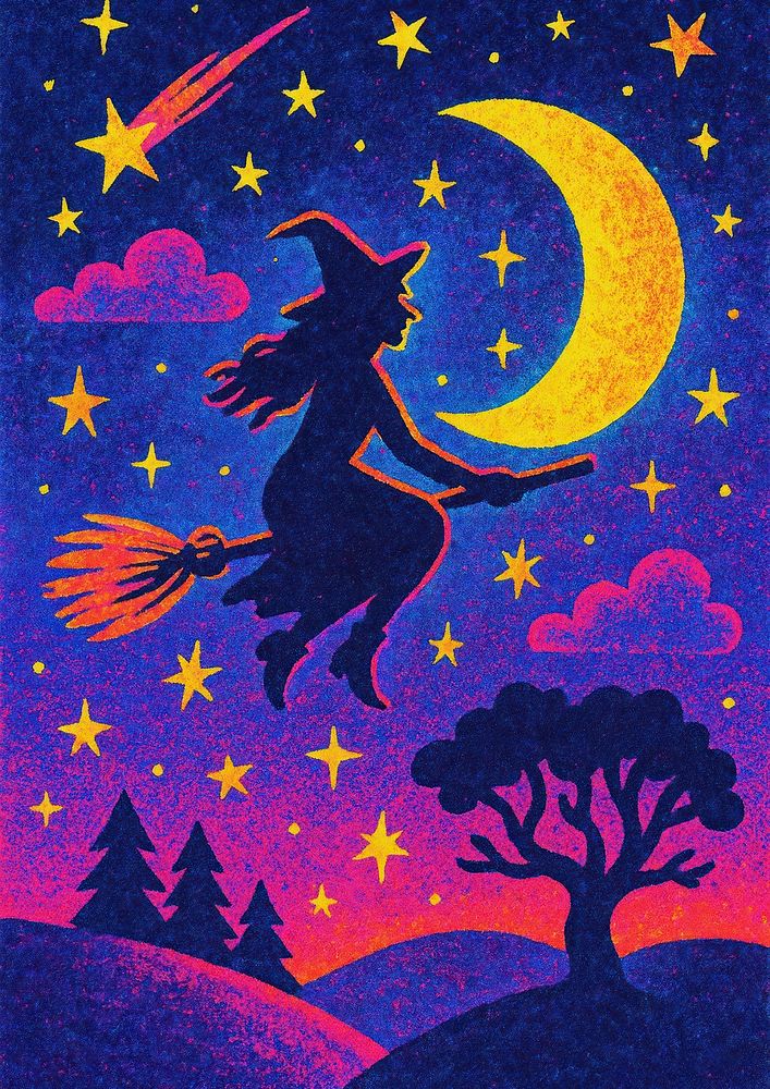 Whimsical witch night sky | Free Photo Illustration - rawpixel