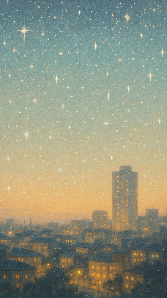 Starry night cityscape glowing buildings | Free Photo Illustration - rawpixel
