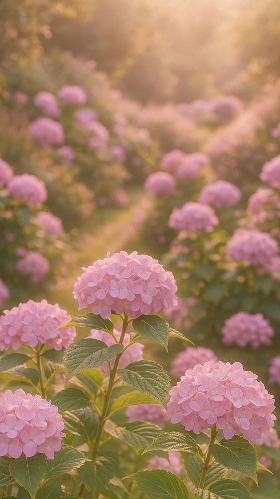 Sunlit pink hydrangeas garden path | Free Photo - rawpixel