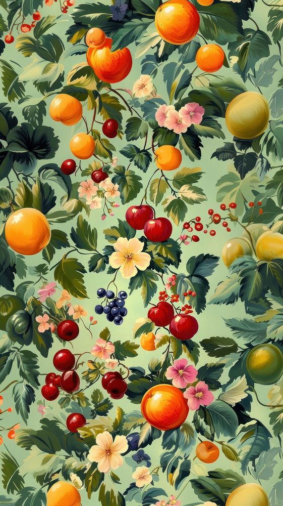 Vintage floral calico wallpaper fruit | Free Photo Illustration - rawpixel