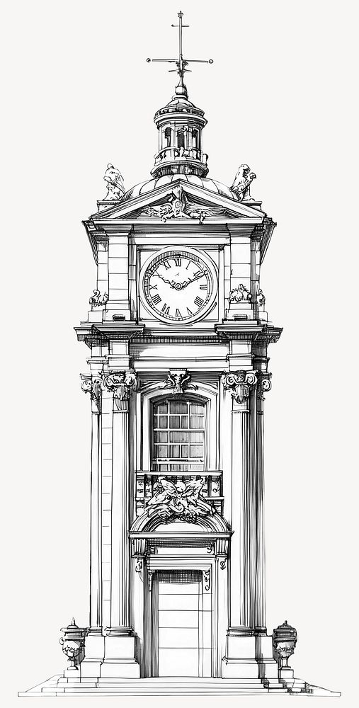 Clock tower drawing architectural building | Free Vector - rawpixel