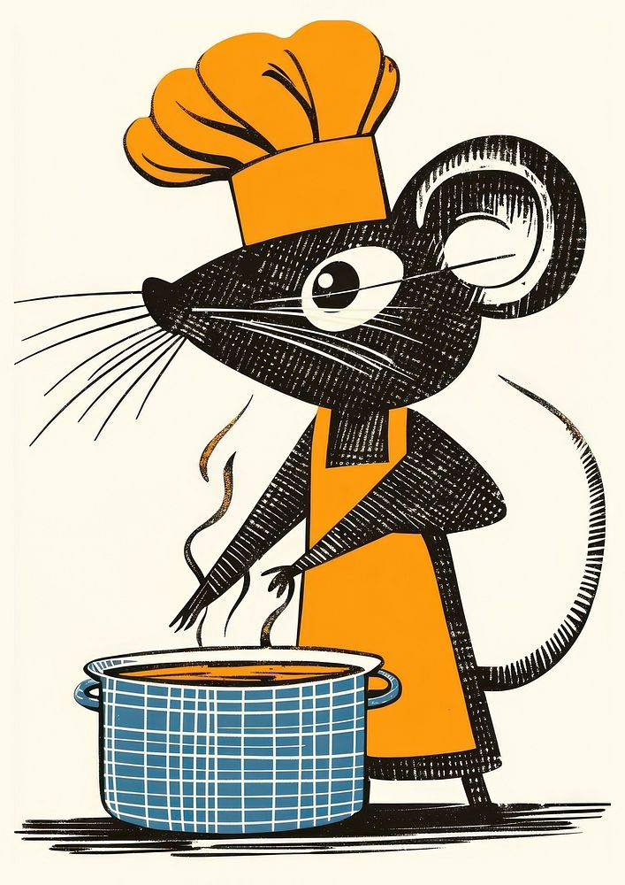 Linocut rat wear chef-hat illustration | Free Photo Illustration - rawpixel