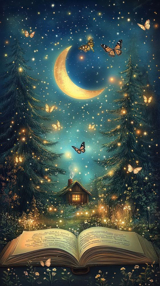 Book enchanted-forest night moon butterflies | Free Photo Illustration ...