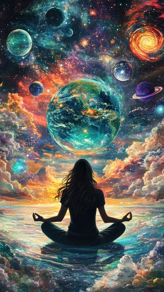 woman meditating planet Earth colorful | Free Photo Illustration - rawpixel