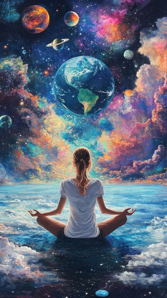 woman meditating planet Earth colorful | Free Photo Illustration - rawpixel
