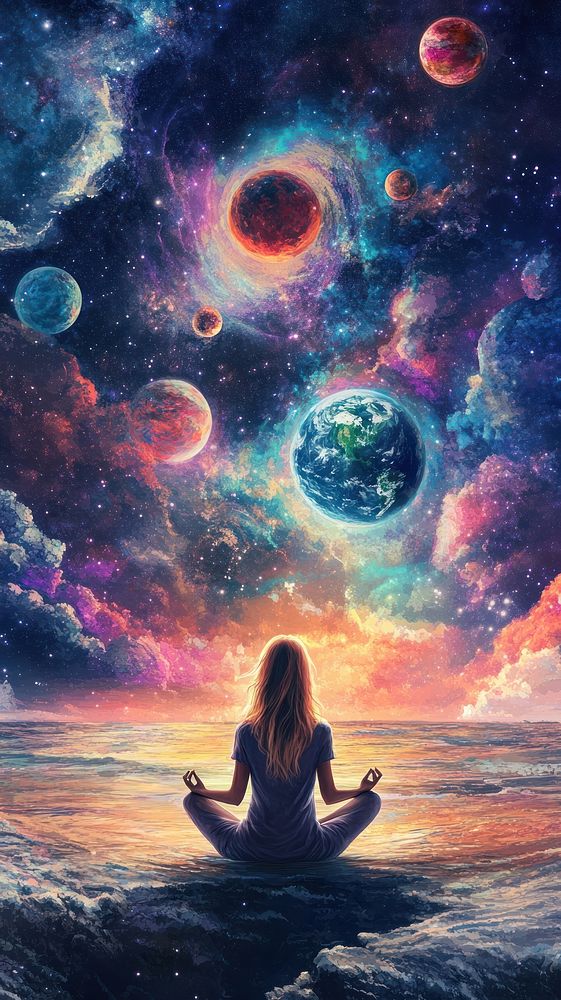 woman meditating planet Earth space | Free Photo Illustration - rawpixel