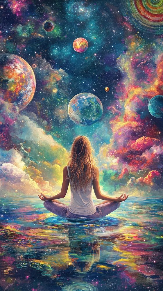 woman meditating planet Earth colorful | Free Photo Illustration - rawpixel