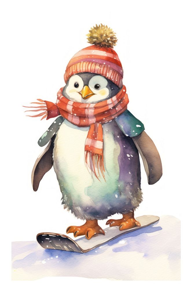 Penguin playing snowboard snowman winter | Free Photo Illustration ...