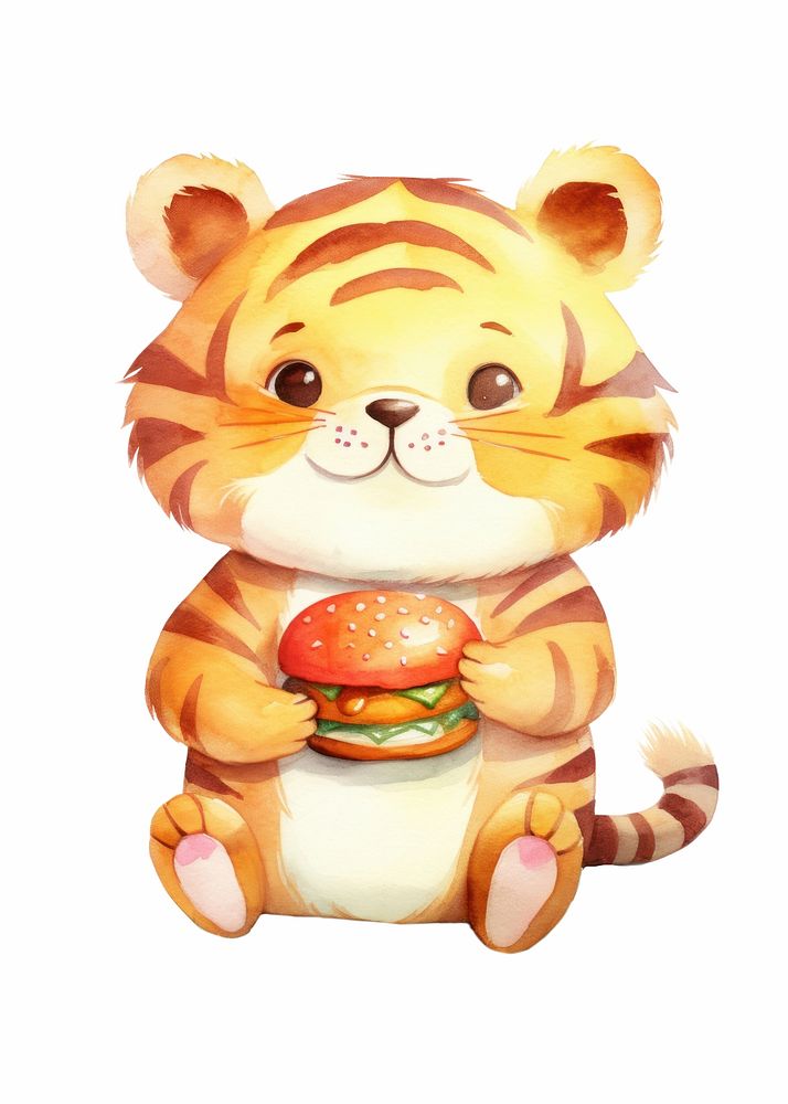 Cute tiger eating burger cartoon | Free Photo Illustration - rawpixel