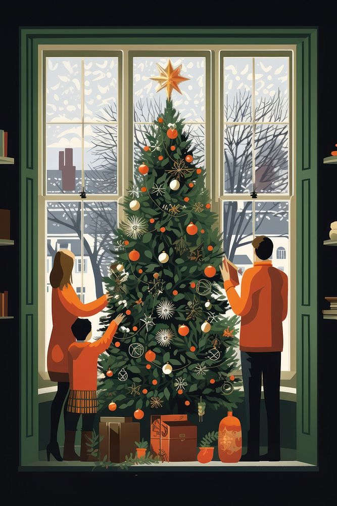 Christmas tree window family. | Premium Photo Illustration - rawpixel