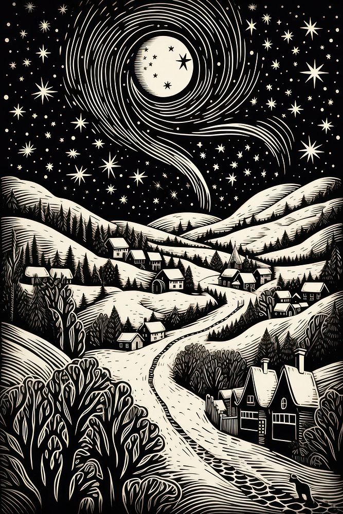 Silent night drawing nature sketch. | Free Photo Illustration - rawpixel